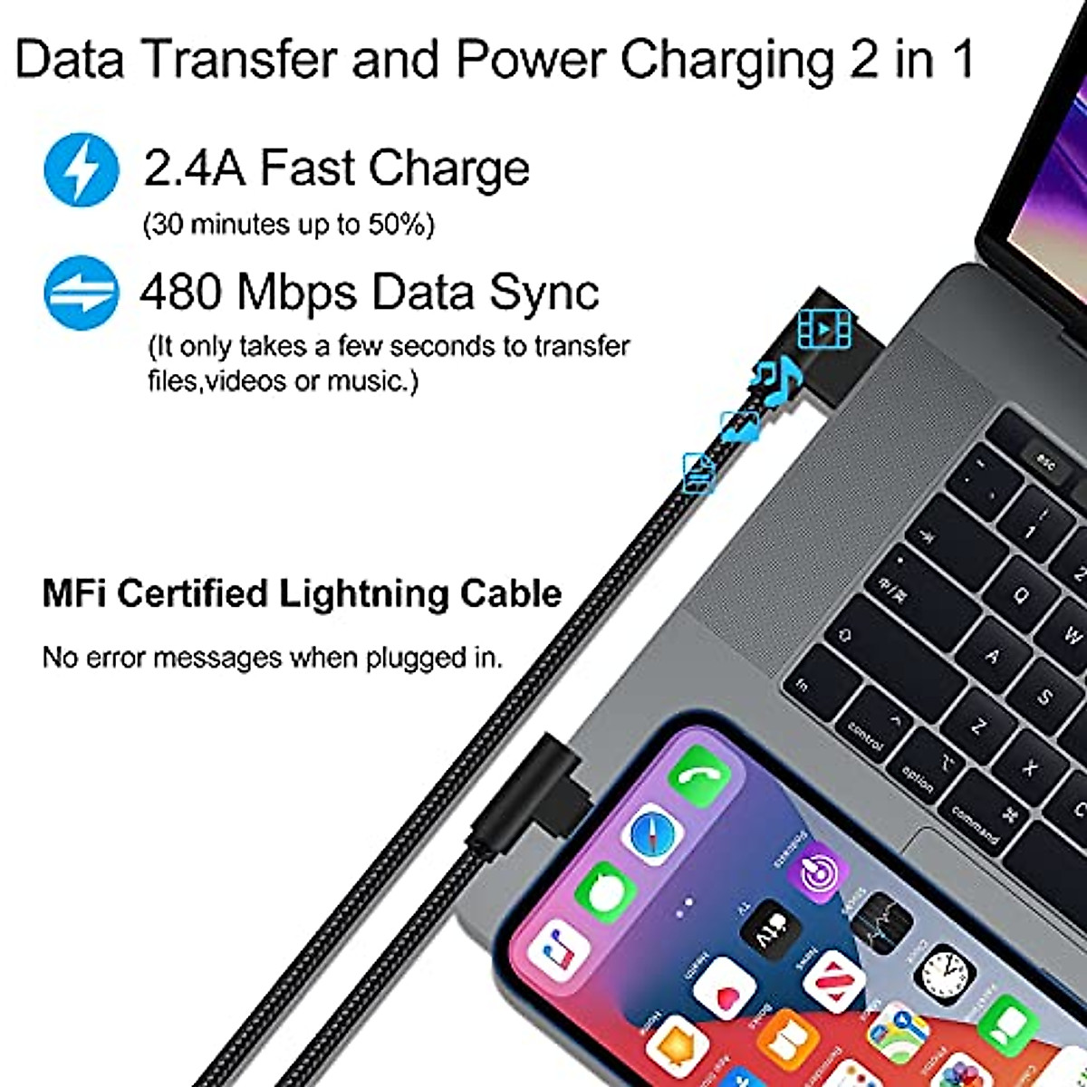 Osecet iPhone Charger 1ft 90 Degree Elbow 5 Pack MFi Certified Right Angle Lightning Cable 1 Foot Braided iPhone Charging Cable for iPhone 13 12 11 Pro X XS XR 8 Plus 7 6 5(Black,1 Feet)