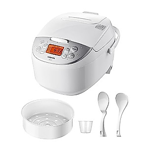 Toshiba Rice Cooker 6 Cup Uncooked – Japanese Rice Cooker with Fuzzy Logic Technology, 7 Cooking Functions, Digital Display, 2 Delay Timers and Auto Keep Warm, Non-Stick Inner Pot, White