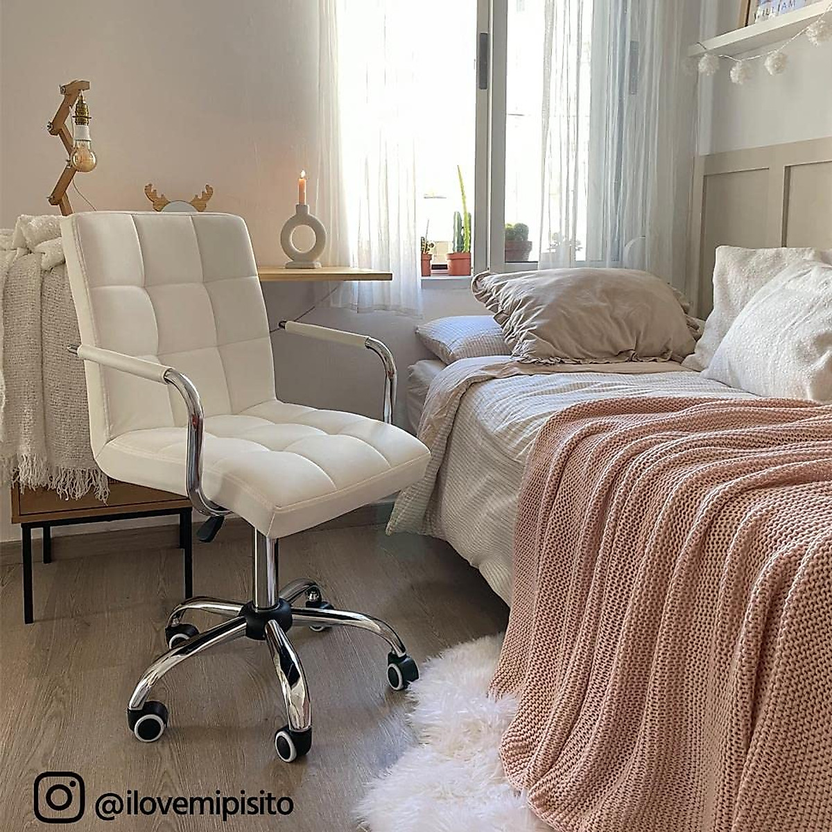 Yaheetech White Desk Chairs with Wheels/Armrests Modern PU Leather Office Chair Midback Adjustable Home Computer Executive Chair on Wheels 360° Swivel