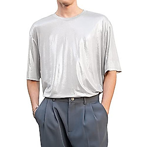 WDIRARA Men's Metallic Crewneck Short Sleeve Party Club Oversized Tee Shirt Top Silver M