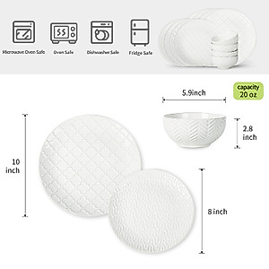 Sureasy Dinnerware Sets 12 Pieces, Ceramic Plates and Bowls Sets, Service for 4, with 10'' Dinner Plates, 8.5'' Salad Plates and 5.9'' Cereal Bowls, Dishes Set Dishwasher & Microwave Safe, White