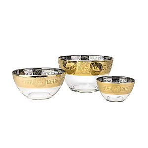 Glasstar GS02252 3-Sized Glass Salad Bowls with Versailles Golden Ornaments, Set of 3