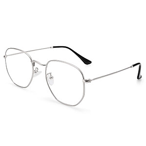 Pro Acme Hexagonal Non-Prescription Glasses Frame for Women Men Designer Square Round Metal Clear Lens Eyeglasses (Silver)