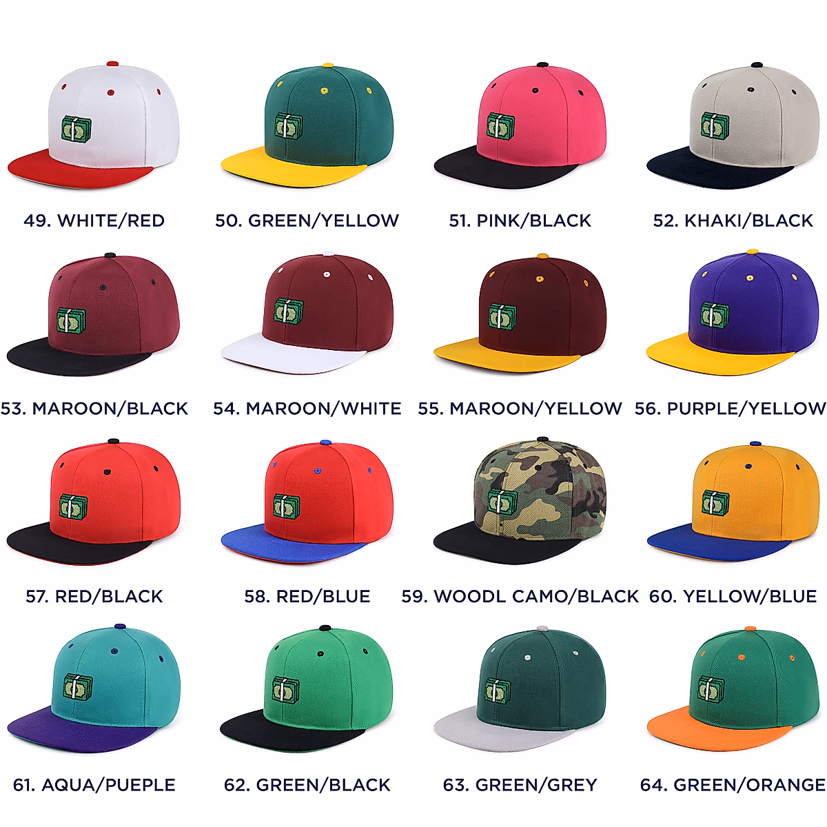 JPAK Money Hip-Hop Snapback Hat Embroidered Green and Orange Two Tone Baseball Cap Bill Dollar