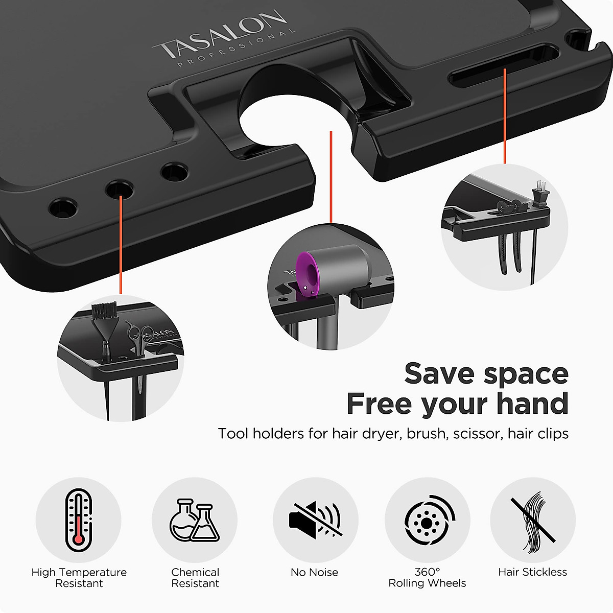 TASALON Ultimate Salon Tray on Wheels,Tray Cart with 2 Magnetic Bowls Irony Tattoo Table Station Rolling Tray with Hair Stickless Wheels,Chemical-Resistant Hair Stylist Instrument Tray,Tray for Dyson