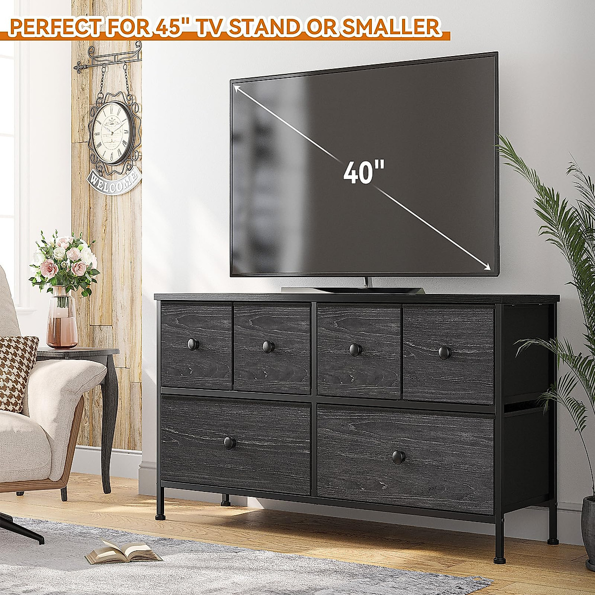 EnHomee Dresser for Bedroom with 6 Drawers, Wide Dressers & Chests of Drawers, Fabric Dresser, TV Stand for Bedroom, Closet, Hallway, Black Wood Grain Print