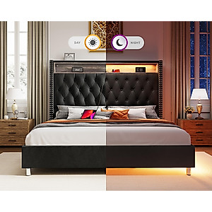 Jocisland Queen Size Bed Frame 53.6'' Tall Headboard LED Lights and Charging Station, Velvet High Upholstered Platform Bed Wingback Storage, No Box Spring Needed, No Motion Light Under Bed, Black