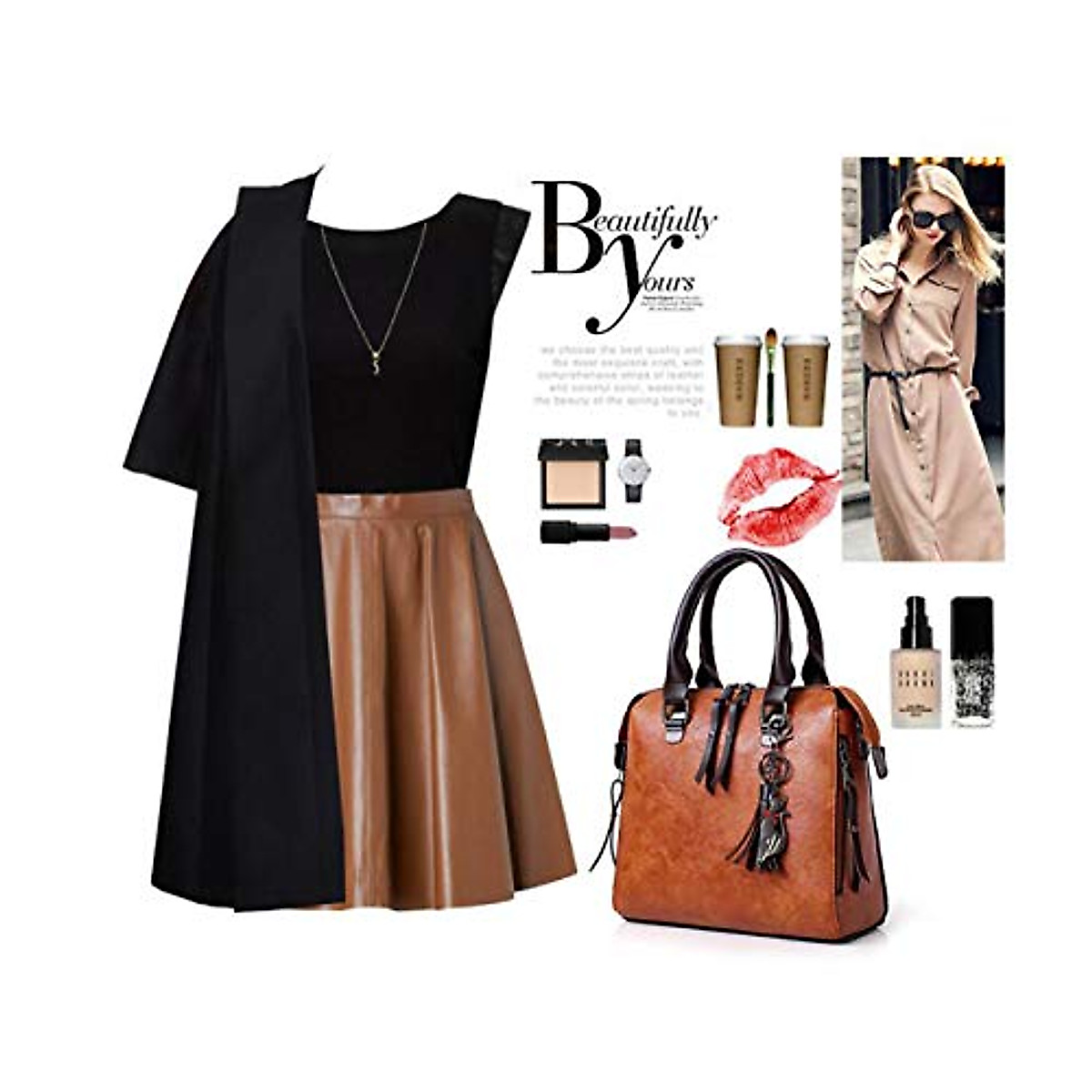 GJGJTER Synthetic PU Leather Tote for Women Satchel Crossbody Hobo 4pcs Handbags Shoulder Bags Tassel Fox Ornament-Brown