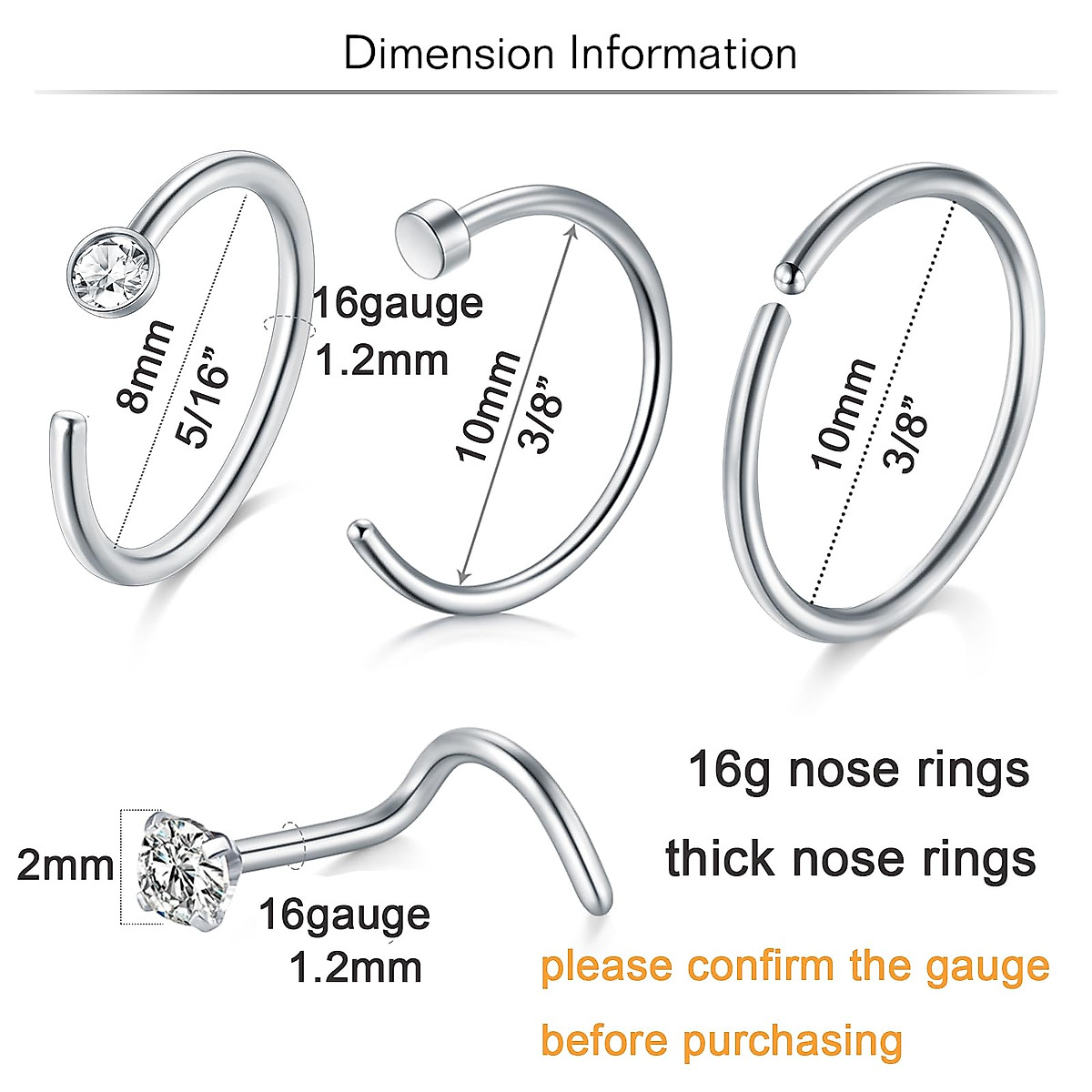 MODRSA Nose Rings 16gauge L Shape Nose Studs Nose Screw Surgical Stainless Steel Thick C Shape Nose Ring Hoop High Nostril Nose Piercing Jewelry for Women Men