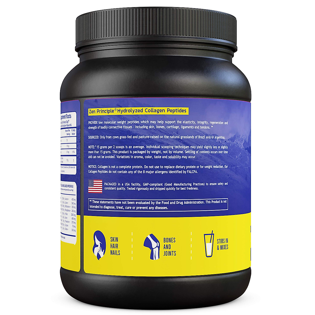 Zen Principle Grass-Fed Collagen Peptides 1.5 lb. Anti-Aging Hydrolyzed Protein Powder for Healthy Hair, Skin, Joints & Nails. Paleo and Keto Friendly, GMO and Gluten Free, Pasture-Raised Bovine.