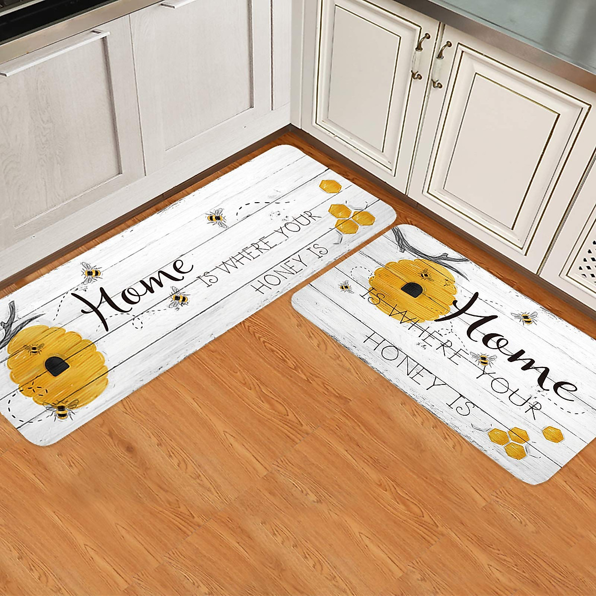 Kitchen Rugs Set 2 Pieces, Home is Where Honey is Bee Home Hive Wood Grain Non Slip Comfort Standing Floor Mat, Entryway Doormat Water Absorbent Washable Runner 16"x24" + 16"x47"