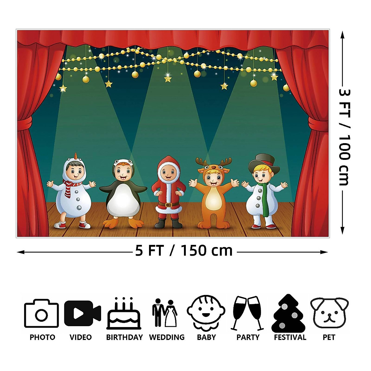 MOONDECO Photography Backdrop 5x3ft Christmas Red Curtain Gold Star Ball Lights Dance Stage Background Children Wood Plank Floor Party Photo Booth
