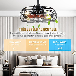 Asyko Caged Ceiling Fans with Lights - Black Outdoor Ceiling Fan with Remote and Reversible Fan Blades, Bladeless Low Profile Fan Light Fixtures for Indoor, Patios, Farmhouse(E26 Bulbs Not Included)