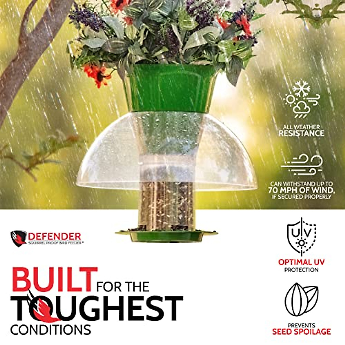 Defender Bird Feeder Squirrel Proof for Outside, Easy to Fill, Handicap Friendly Squirrel Proof Bird Feeders with Attached Planter for Garden Decoration, Anti Squirrel Bird Feeder (Green)