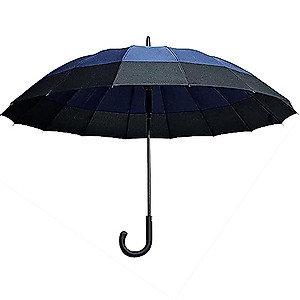 Kung Fu Smith Men Auto Open Stick Umbrella for Rain and Sun, Patchwork Blue and Black Umbrella Canopy, Hook Handle