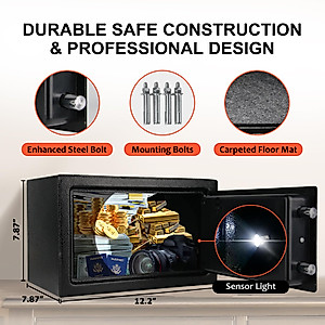 Bostra Fireproof Safe Box with Sensor Light & Fireproof Bag, Money Safe Box with Digital Keypad,Security Safe Box for Home, 0.5 Cubic Small Safe with Keys & Pass Code for Cash Jewelry