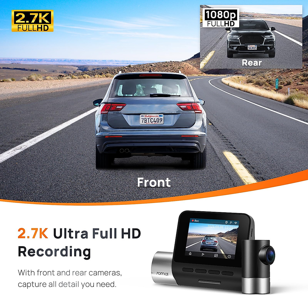 70mai True 2.7K 1944P Ultra Full HD Dash Cam Pro Plus+ A500S, Front and Rear, Built in WiFi GPS Smart Dash Camera for Cars, ADAS, Sony IMX335, 2'' IPS LCD Screen, WDR, Night Vision