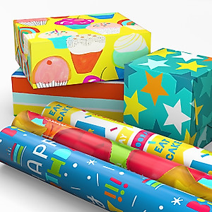 Hallmark Birthday Wrapping Paper Rolls - Stars, Stripes, Balloons, Cupcakes, Happy Birthday Gift Wrap Paper (Set of 6 Rolls: 180 sq. ft. ttl.)