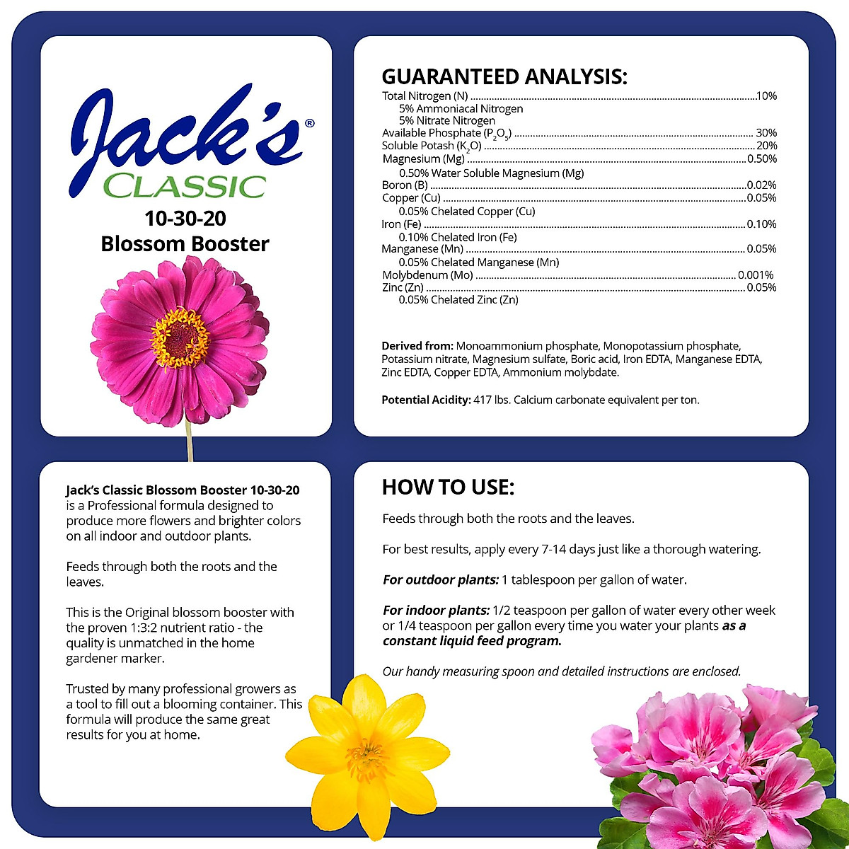 Jack's Classic 10-30-20 Blossom Booster Water-Soluble Fertilizer with Micronutrients for Increasing Color and Quantity of Blooms in Flowering Plants, 4lbs