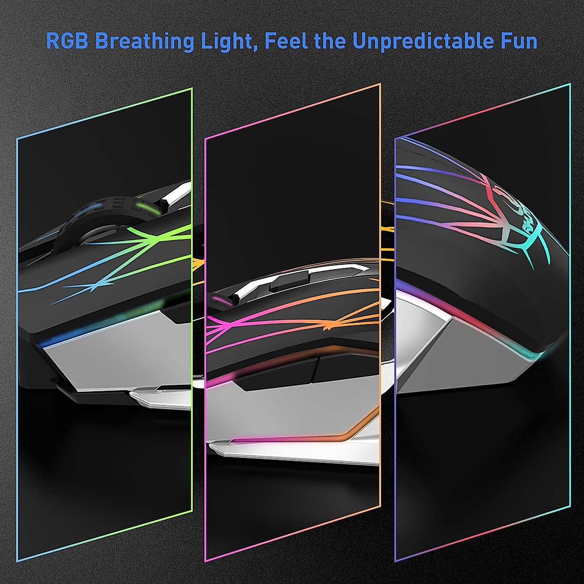 RIIKUNTEK Wireless Gaming Mouse, Computer Mouse Rechargeable with 3 Adjustable DPI, Silent Click, USB Receiver, LED Lights, 2.4GHz Portable Ergonomic RGB Optical Gamer Mice Mouse for Laptop PC Black
