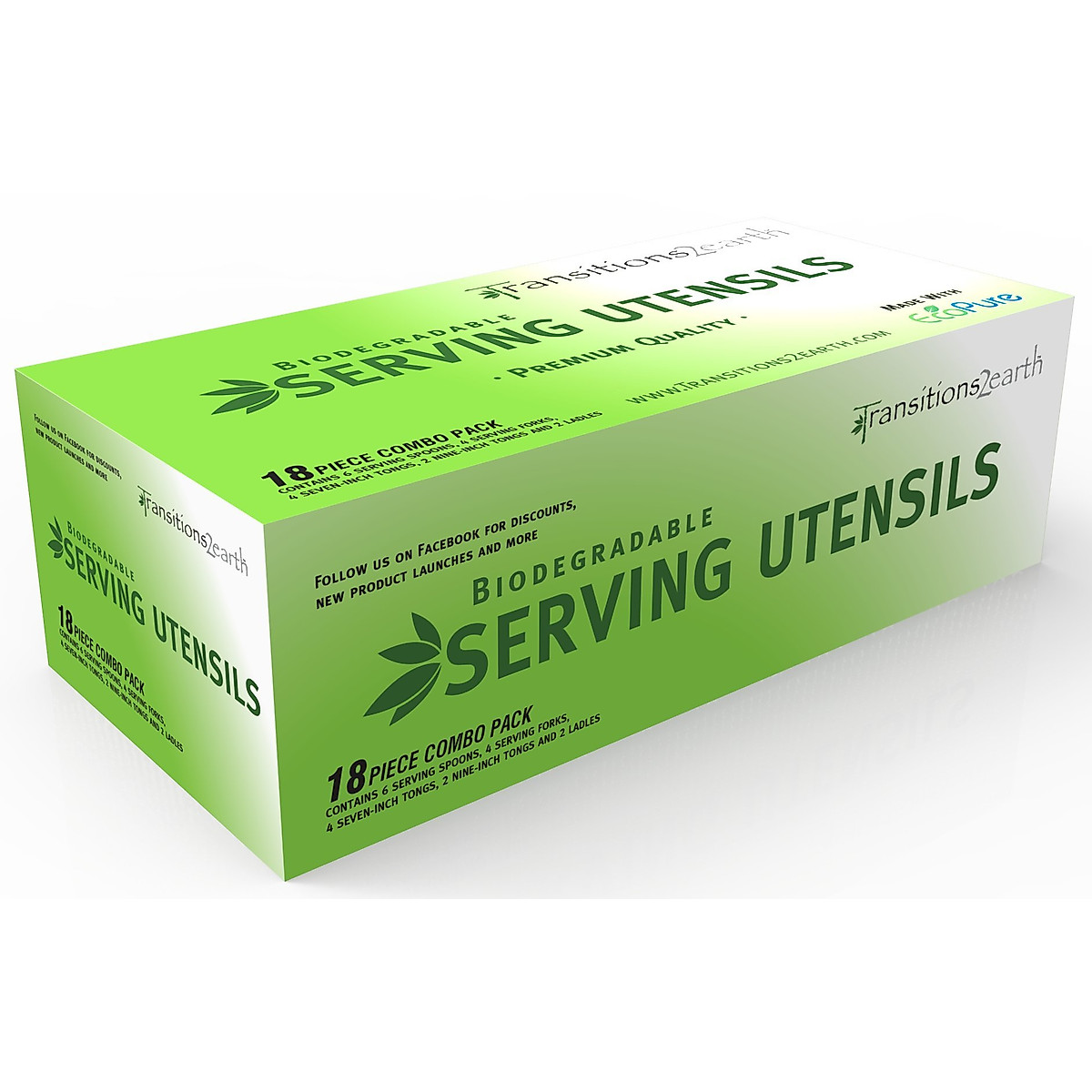 Transitions2earth Biodegradable EcoPure Economy Serving Utensils Combo Pack - 18 Count - Earth-Friendly, BPA-Free, Heavy Duty, Heat Resistant, Recyclable Utensils