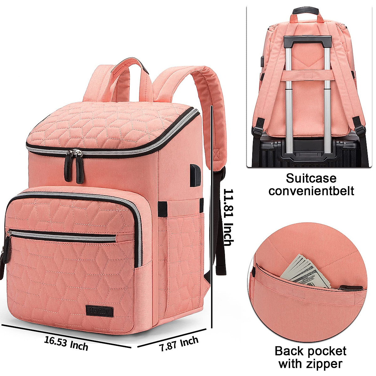 Orvilly 15.6in Laptop Backpack Purse for Women, Stylish College School Travel Casual Daypack Bookbag, Work Shopping Bag Light Weight For Men Girls Boys Student Netbook-Peach