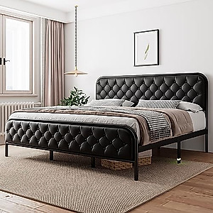 iPormis King Size Metal Bed Frame with Faux Leather Button Tufted Headboard and Footboard, Heavy Duty Platform Bed with 17 Steel Slats,12" Under-Bed Space, No Box Spring Needed, Noise-Free, Black
