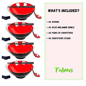 TaIvins Ramen Bowl Set of 4-32 OZ Pho Bowls and Spoons set, Maruchan ramen bowl, Asian pho bowls, Japanese bowls, Microwavable bowls- Large Melamine Noodle bowls, Soup bowl, Naruto ramen bowl (Red).