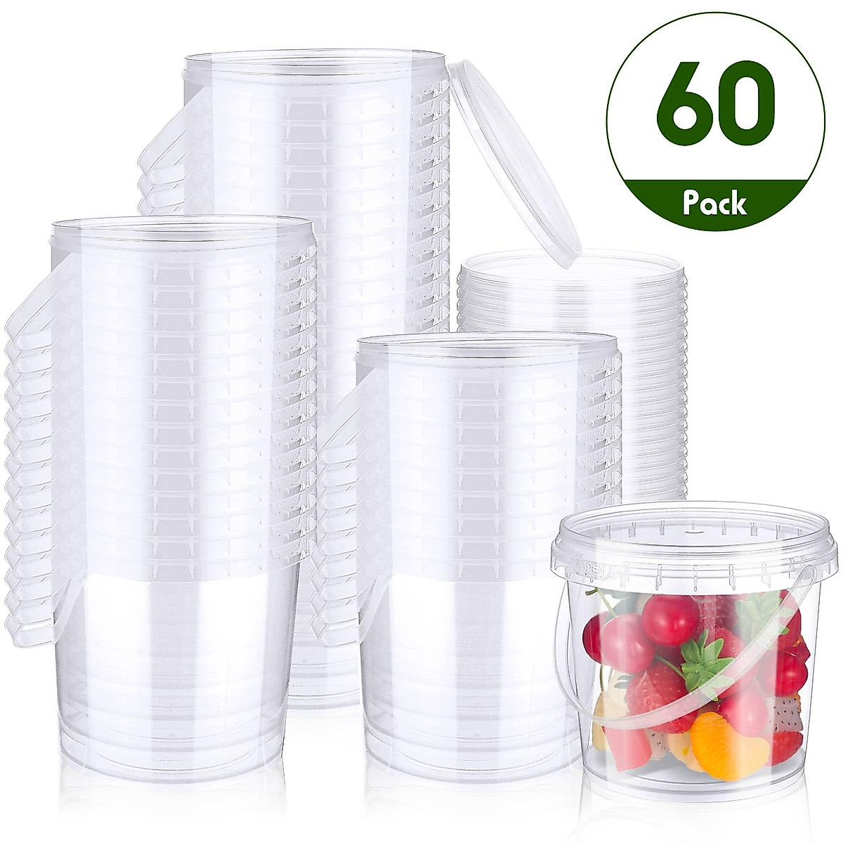 Mifoci 50 Pcs Food Clear Bucket Plastic Gallon Bucket Round Reusable Ice Cream Containers with Lids and Handles Airtight Clear Plastic Tub Freezer Reusable Pail for Kitchen Drinks Home (24oz)