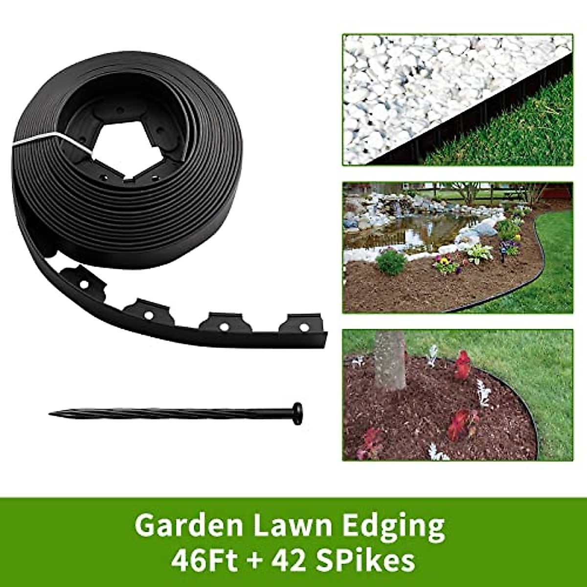 AGTEK 46FT Plastic Landscape Edging Kit 1.5in. Height No-Dig Garden Edging Border Lawn Edging Roll for Flower Bed Lawn Yard, Black with 42 Spikes