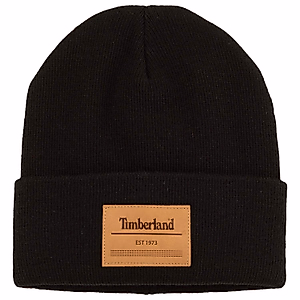 Timberland Men`s Watch Cap Knit Beanie with Leather Patch (Black(T100916C-001), One Size)