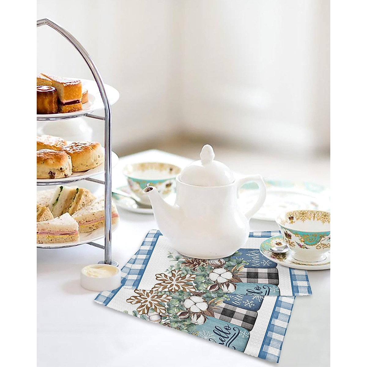 Hokiten Christmas Waffle Kitchen Towels Dishcloths, Xmas Eucalyptus Leaves Winter Cotton Blue Plaid Absorbent Dish Towels | Hand Towels for Bathroom/Bar, 12 x 12 Inch, 2 Pcs