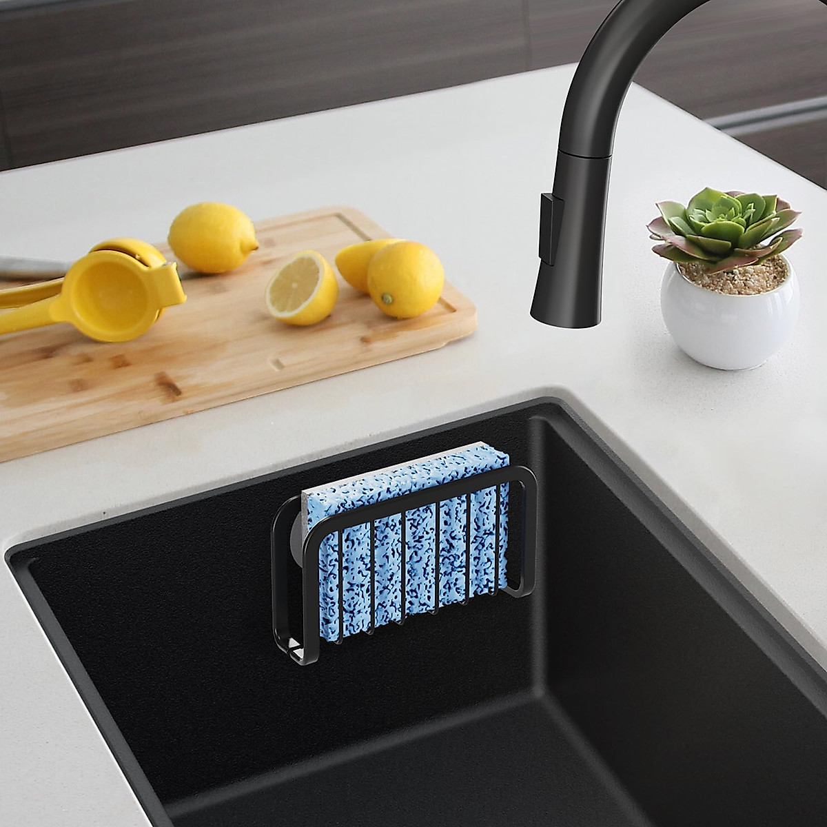 GOODBUY Sponge Holder for Kitchen Sink, Anti-Rust Sink Sponge Holder with Suction Cups, Aluminum Sink Caddy Kitchen Sink Organizer for Sponges, Scrubbers, Soap, Bathroom 5.9" x 2" x 3.3" Grey