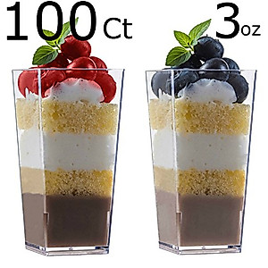 zappy 100 3oz Tall Square Mini Dessert Cups Plastic Dessert Cups Tasting Plastic Shot Glass Shooter Cups Parfait Glasses Appetizer Bowls Trifle Bowl Tumbler Shooter (3oz Dessert Cups 100Ct)