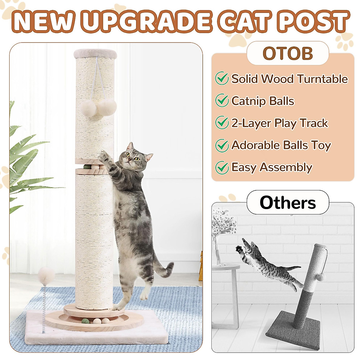 OTOB 33" Tall Cat Scratching Post, 4.3Inch Large Diameter Natural Sisal Rope Scratcher Post, 5-in-1 Interactive Turntable Cat Scratch Post with Soft Hanging Ball Toys for Indoor Large Cats