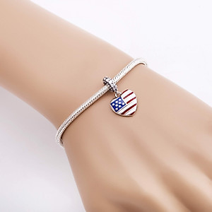 USA American Flag Charms 925 Sterling Silver Heart Love Motherland Charms Fits Pandora European Bracelet (Heart Dangle)
