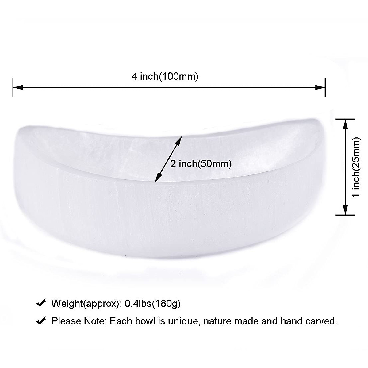 JIC Gem 4 Inch Selenite Bowl Moon Shape Moroccan Selenite Crystal Charging Bowl for Healing, Recharging Crystals
