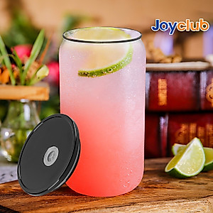 Joyclub 4 Pack Acrylic Lids for 16 oz Glass Cups with Bamboo Lids and Straws Reusable Iced Coffee Cup Beer Can Drinking Glasses for Smoothie Whiskey Boba Soda Tea Gift (Black)