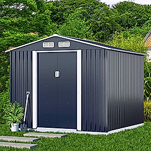 HOGYME Storage Shed 8' x 8' Outdoor Garden Shed Metal Shed Suitable for Storing Garden Tool Lawn Mower Ladder Grey