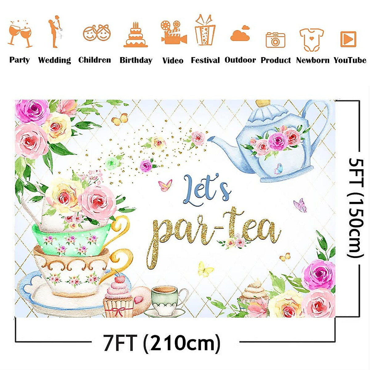 Tea Birthday Party Backdrop Let's Partea Pink Flowers Photo Background Newborn Kids Princess Birthday Party Decoration Cake Table Banner (7x5ft)