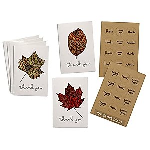 Autumn Leaves Zentangle Fall Thank You Cards - 24 Cards & Envelopes & Kraft Sticker Seals
