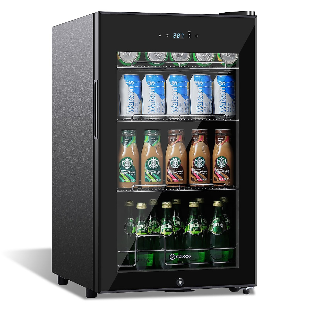 COLOZO 17 Inch Freestanding Beverage Refrigerator Cooler, 96 Cans Mini Fridge with Glass Door, Removable Shelves for Soda, Water, Beer or Wine, Small Drink Refrigerator for Home Office Bar