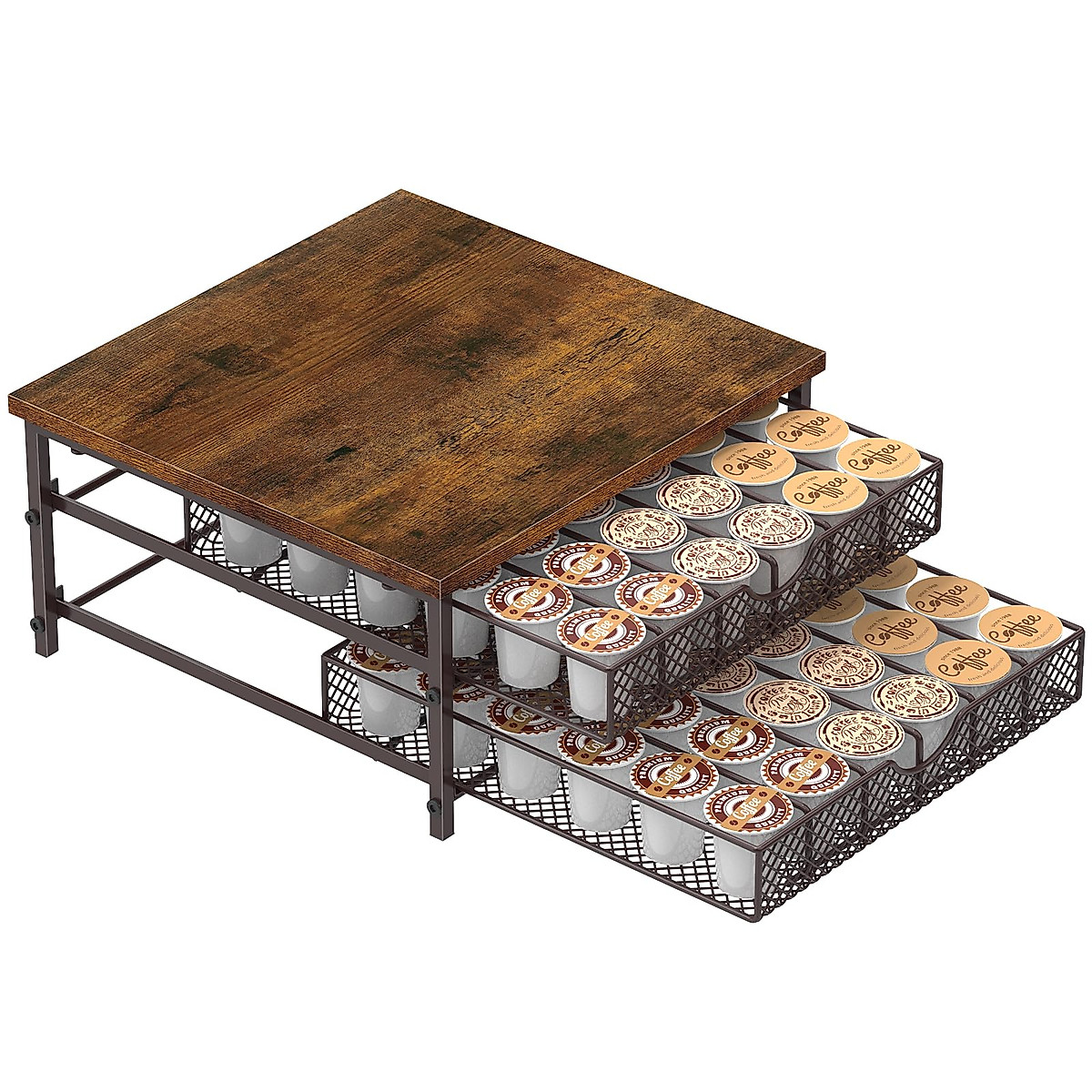 MOOACE Coffee Pod Holder for K Cup Holder Drawer Holder, Coffee Pod Drawer For Counter, 2 Tier K-Cup Storage With Sliding Baskets, 72 Capacity Pods Organizer Cups Capsule for Coffee Station, Brown