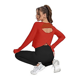 Mippo Womens Long Sleeve Workout Shirts Athletic Shirt Yoga Top Gym Wear Open Back Workout Top Cropped Workout Top Work Out Tshirts Pilates Clothes for Women Red L