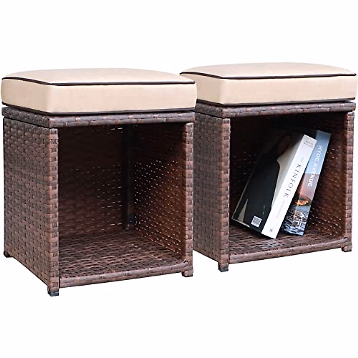 Yangming 2 Pieces Outdoor Patio Ottoman, Indoor Outdoor All Weather Rattan Wicker Ottoman Seat, Patio Rattan Furniture, Footstool Footrest Seat w/ Removable Cushions, No Assembly Required…