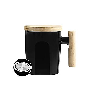 HOWAY Flat Bottom Mug with Wood Lid, Ceramic Tea Cup for Coffee Warmer, Flat Bottomed, Wooden Handle, 14oz