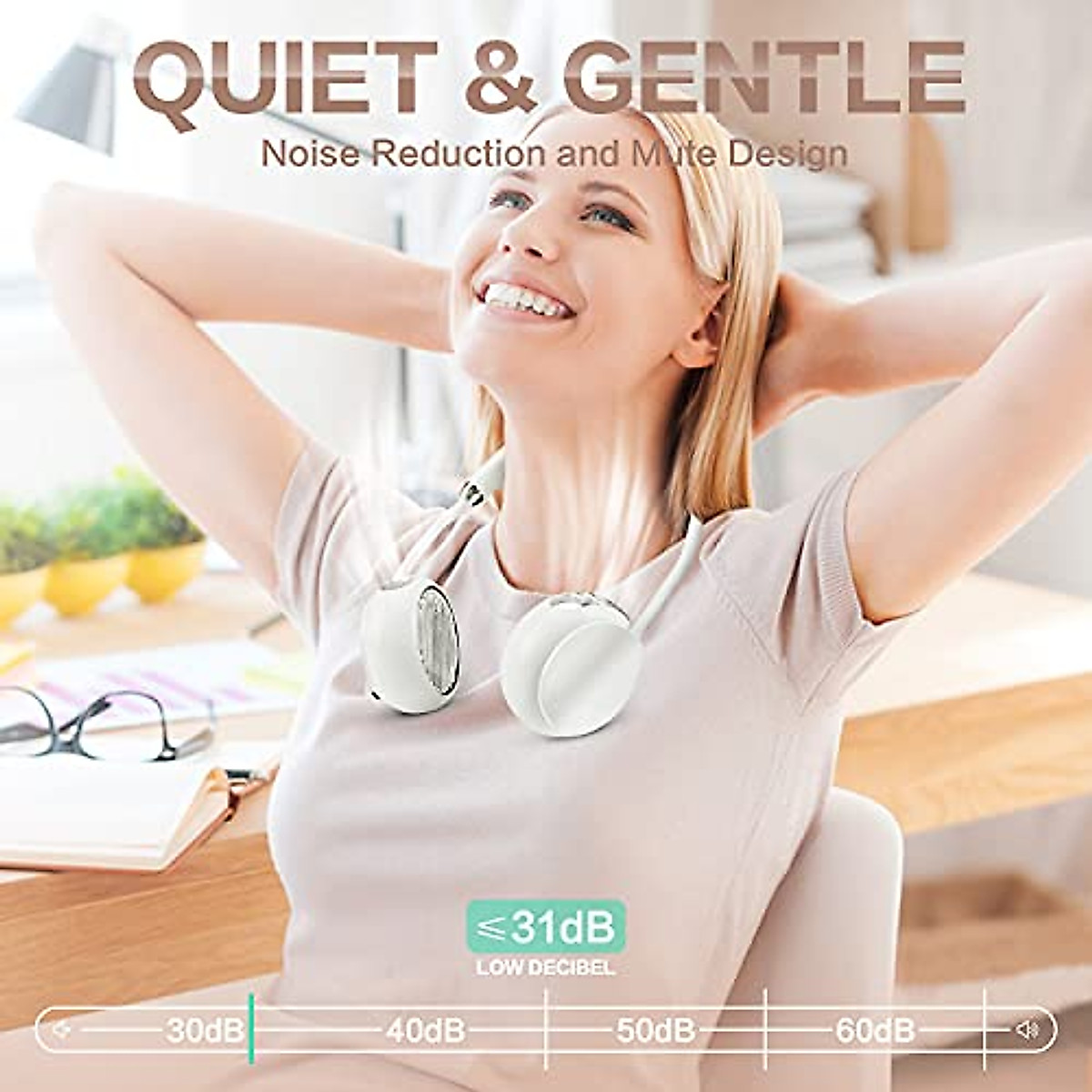 POOCCI Portable Neck Fan, Hands Free Bladeless Fan, USB Rechargeable Wearable Personal Fan, Headphone Design Neck Cooling Fan, USB Powered Neck Fan with 3 Speeds-White