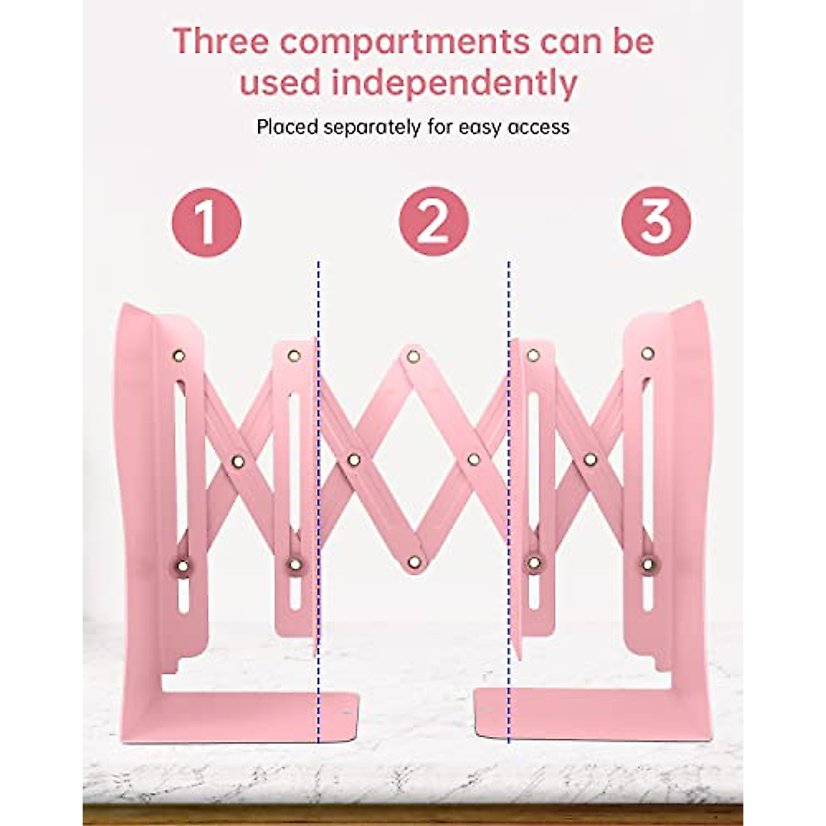 Adjustable Bookends, Metal Book Ends for Shelves Heavy Book, Desk Magazine File Organizer for Home, Office, Books, Papers, Extends up to 19 inches (Pink)