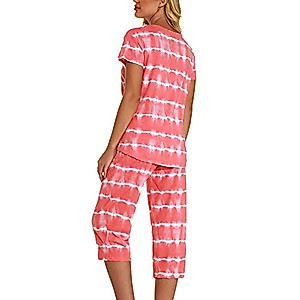 Lu's Chic Women's Cute Pajama Set Cotton Capri Loungewear Soft Short Sleeve Pjs Comfy Pants Lounge Two Piece Patterned Print Sleepwear Orange Large