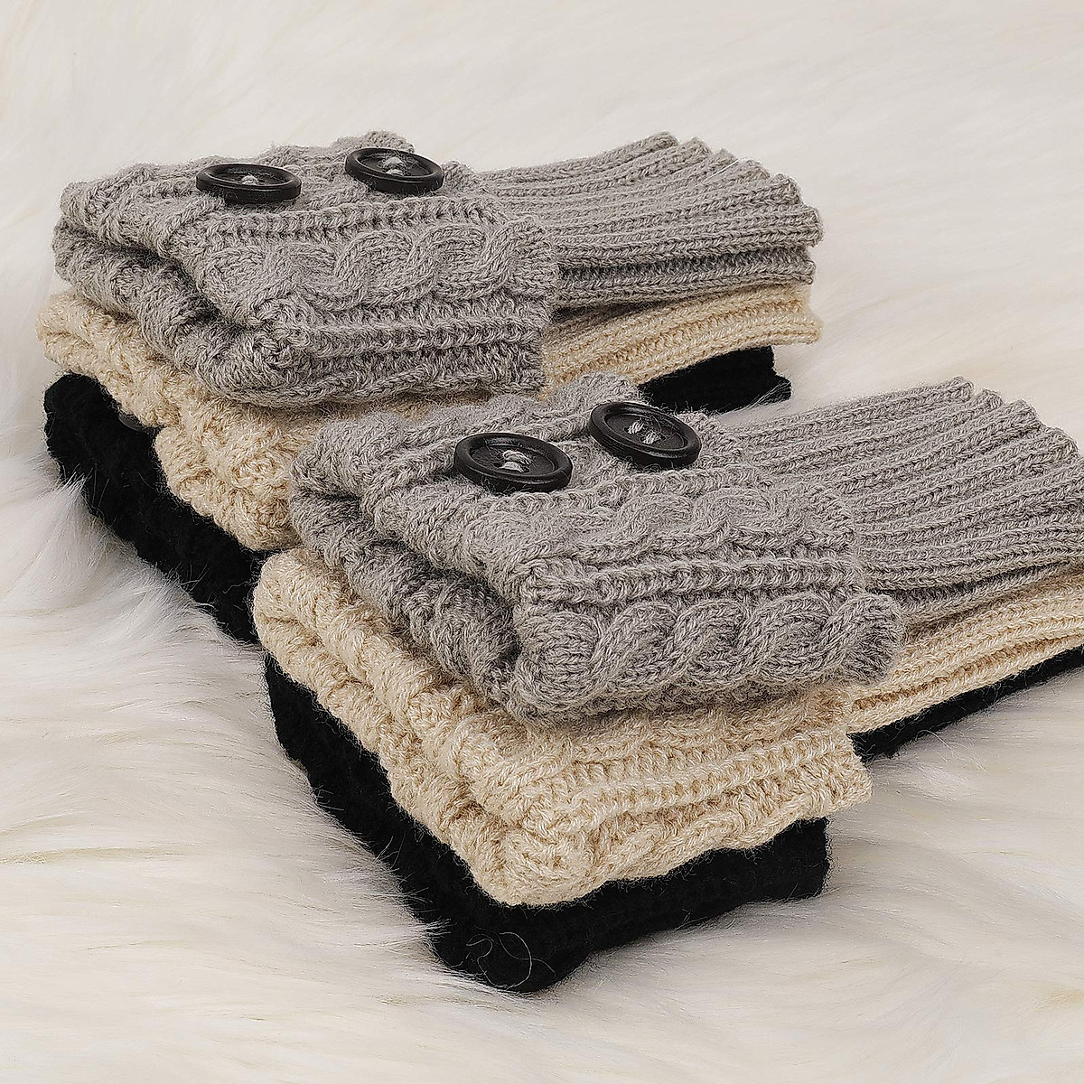 PHOGARY 3 Pairs Winter Warm Boot Cuffs for Women, Crochet Knitted Boot Socks for Girls Short Leg Warmers Boot Topper Socks Leg Cuffs Boot Warmers Gift (Black+Beige+Grey)